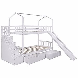 ERDAYE Soild Wood Twin Over Twin House Bunk Bed Frame with Two Drawers, Slide and Storage Staircase,White