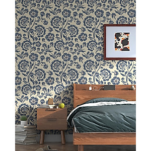Blue Floral Wallpaper Peel and Stick Wallpaper Floral Contact Paper for Cabinets 17.3”×78.8” Wallpaper Self Adhesive Removable Wallpaper for Bathroom Sticker Pull and Stick on Wallpaper Vinyl Film