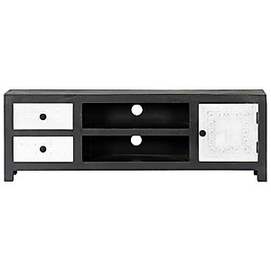 vidaXL TV Stand, TV Unit for Living Room Bedroom, Sideboard with Drawer, TV Console Media Cabinet Entertainment Center, Gray& White Solid Wood Mango
