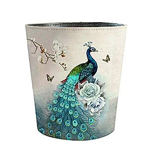 Scakbyer 10L/2.64 Gallon PU Leather Trash Can Peacock Decorative Waterproof Wastebasket Paper Basket Garbage Bin for Home Office Bathroom, Peacock Pattern