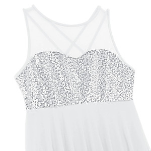 YiZYiF Women's Adult Lyrical Dance Leotard Costume Sequins Overlay Trianglar Cut Skirt Dancewear White X-Large