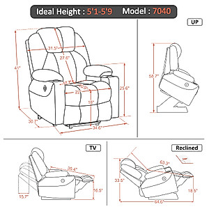 MCombo Medium Power Lift Recliner Chair Sofa with Massage and Heat for Elderly, 3 Positions, Cup Holders, and USB Ports, 2 Side Pockets, Fabric 7040 (Medium, Yale Blue)