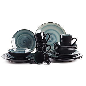 HomeVss, Stoneware Sonoma 16pc Dinnerware Set, Black + Speckled Spin Wash Blue