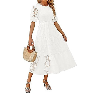 ZESICA Women's 2023 Summer Short Puff Sleeve Crewneck Smocked Floral Lace Flowy A Line Tiered Midi Dresses,White,Medium