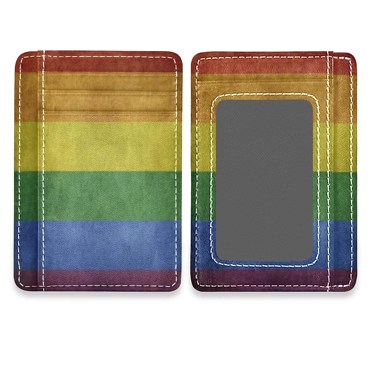 Linomo Thin leather Card Holder and Money Clip Vintage Rainbow Flag LGBT Wallet RFID Blocking for Men & Women