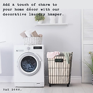 Rae Dunn Heavy Duty Laundry Hamper on Wheels - Black Metal Wire Basket with Liner - Portable Laundry Basket with Removable, Washable Cloth Liner - Laundry Room Accessories