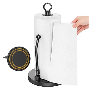 Paper Towel Holder Stainless Steel - One Hand Tear Paper Towel Dispenser Standing Weighted Base Non Slip, Spring Arm, Stainless Steel Paper Towel fits in Kitchen Bathroom Countertop Black