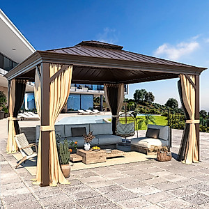 YOLENY 12' X 12' Hardtop Gazebo Galvanized Steel Outdoor Patio Gazebo Canopy Double Roof Pergolas Aluminum Frame with Netting and Curtains for Garden, Patio, Lawns, Parties