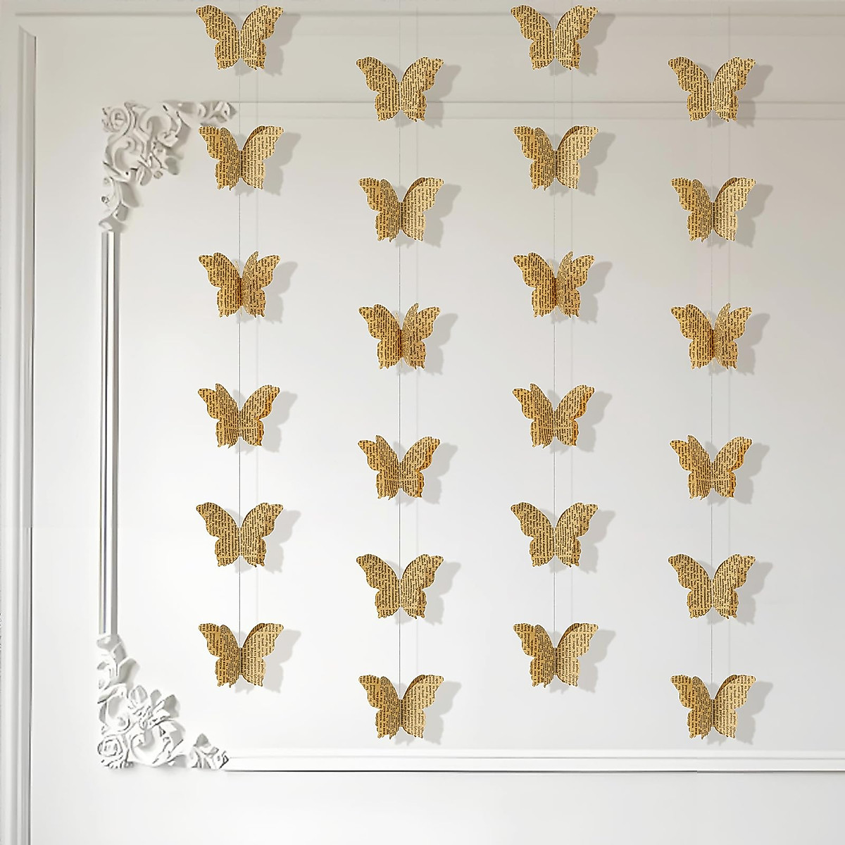 3D Paper Butterfly Garland Recycled Book Newspaper Hanging Garland Bunting Banner Party Decorations Wedding Baby Shower Home Decor 4 Pack (Brown)
