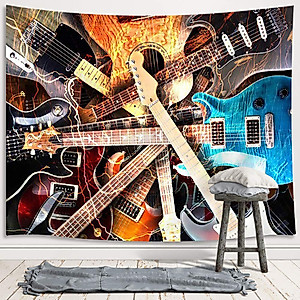 Music Tapestry, Guitar Musical Tapestry Wall Hanging for Bedroom, Instrument Rock Style Lover Tapestry Home Decor (80"W X 60"H)