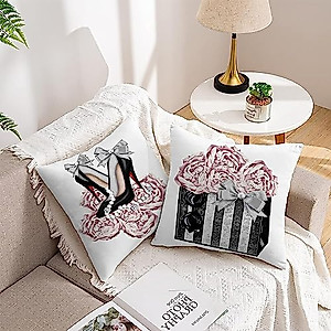 FCOZM Pink Gray Throw Pillow Covers Couch Bed Decorative Pillow Covers Fashion Handbag High Heels Flower Sofa Pillow Covers 18x18 Women Teen Girls Room Decor Soft Velvet Square Pillow Cases Set of 2