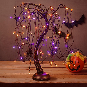 24Inch Halloween Lighted Willow Tree Bonsai Light 80 Orange and Purple LED Lights Table Top Lamp Artificial Tree Desk Decor with 4 Spiders Adapter Plug in/Battery Powered for Christmas Decoration