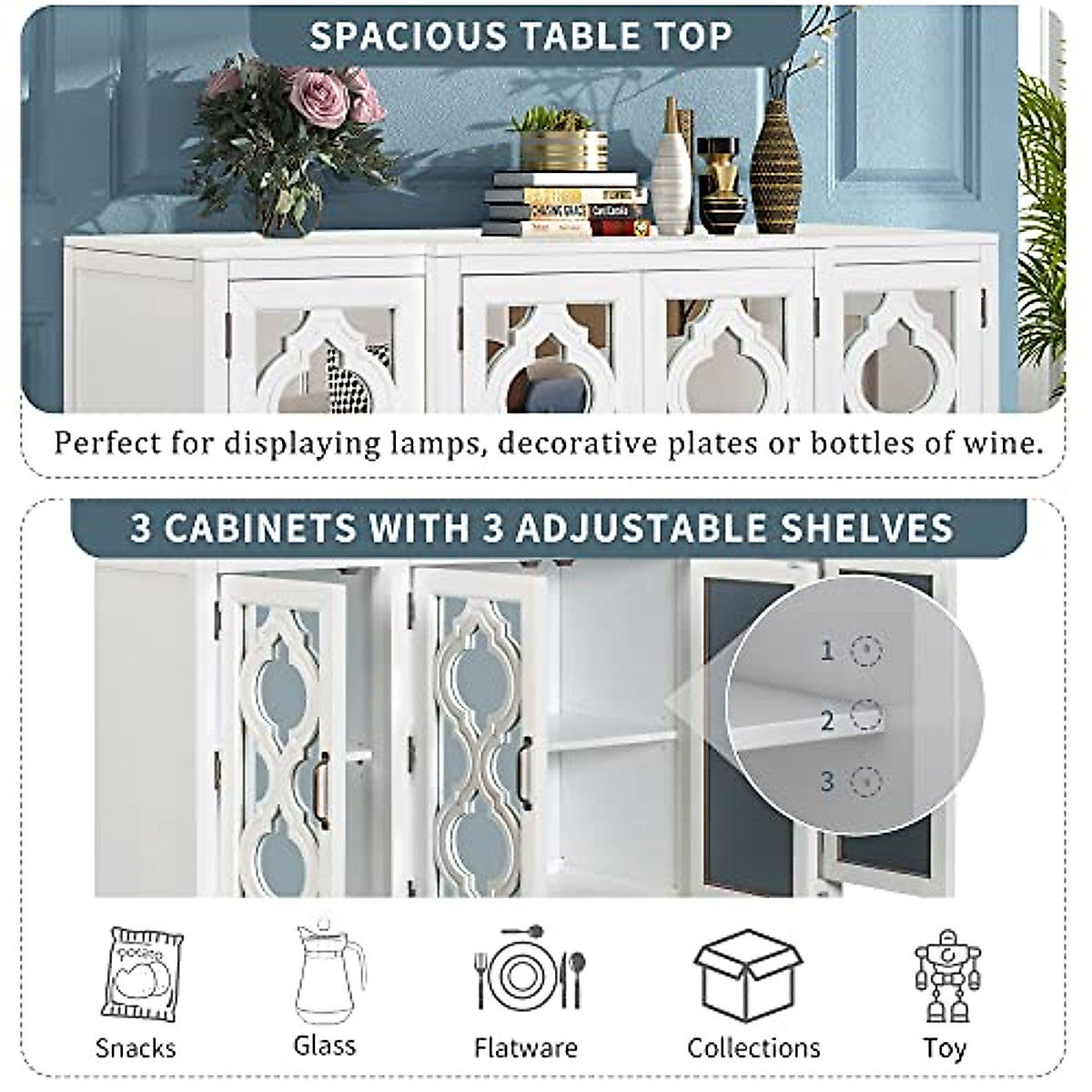 60'' Retro Mirrored Console Table Sideboard with 4 Cabinets and 3 Adjustable Shelves, Large Storage Cabinet Free Stand Kitchen Buffet Server Cabinet for Entryway/Living Room/Dining Room (White-59.8'')