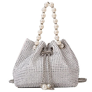 Mini Crossbody Shoulder Evening Bag Shinny Bling Clutch Purse Bucket Pearl Strap Handbag for Women (White)