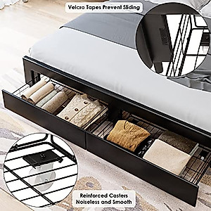 Queen Bed Frame with 2 Storage Drawers, Leather Upholstered Platform Bed Frame with Button Tufted Headboard, Wooden Slats and Adjustable Headboard Mattress Foundation, No Box Spring Needed, Black