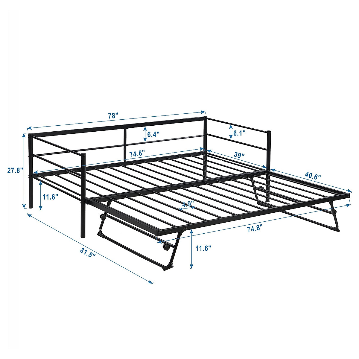 Bellemave Twin Size Metal Daybed with Adjustable Trundle, Heavy-Duty Steel Daybed with Pop Up Trundle, Black