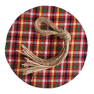 Nakpunar 12 pcs 6 inch Christmas Fabric Jar Covers with Twine Ties (Assorted Fabric in Red and/or Green Homespun Plaids, 6" straight sided)