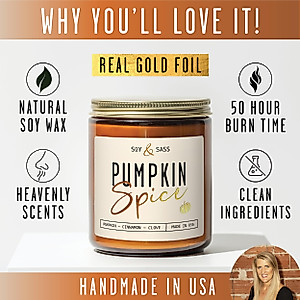 Pumpkin Spice Candle, Fall Candles - 'Pumpkin Spice' Pumpkin Candle, Autumn Scented Soy Candles for Home, Fall Scented Candles for Home, Fall Home Décor, 9oz Reusable Jar, 50Hr Burn, Made in USA