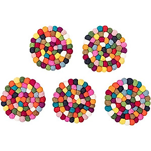 Round Felt Ball Coasters - Hand Felted in Nepal - Multi-Color Set of 5-100% Merino Wool - Water-Wicking, Stain-Resistant, Absorbent