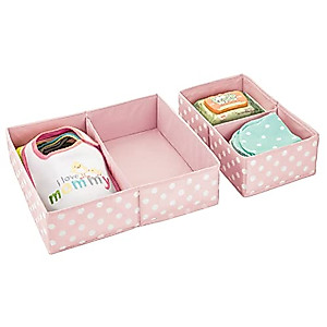 mDesign Fabric Drawer Organizer Bins, Kids/Baby Nursery Dresser, Closet, Shelf, Playroom Organization, Hold Clothes, Toys, Diapers, Bibs, Blankets, Set of 2, 4 Pack, Pink/White Polka Dot