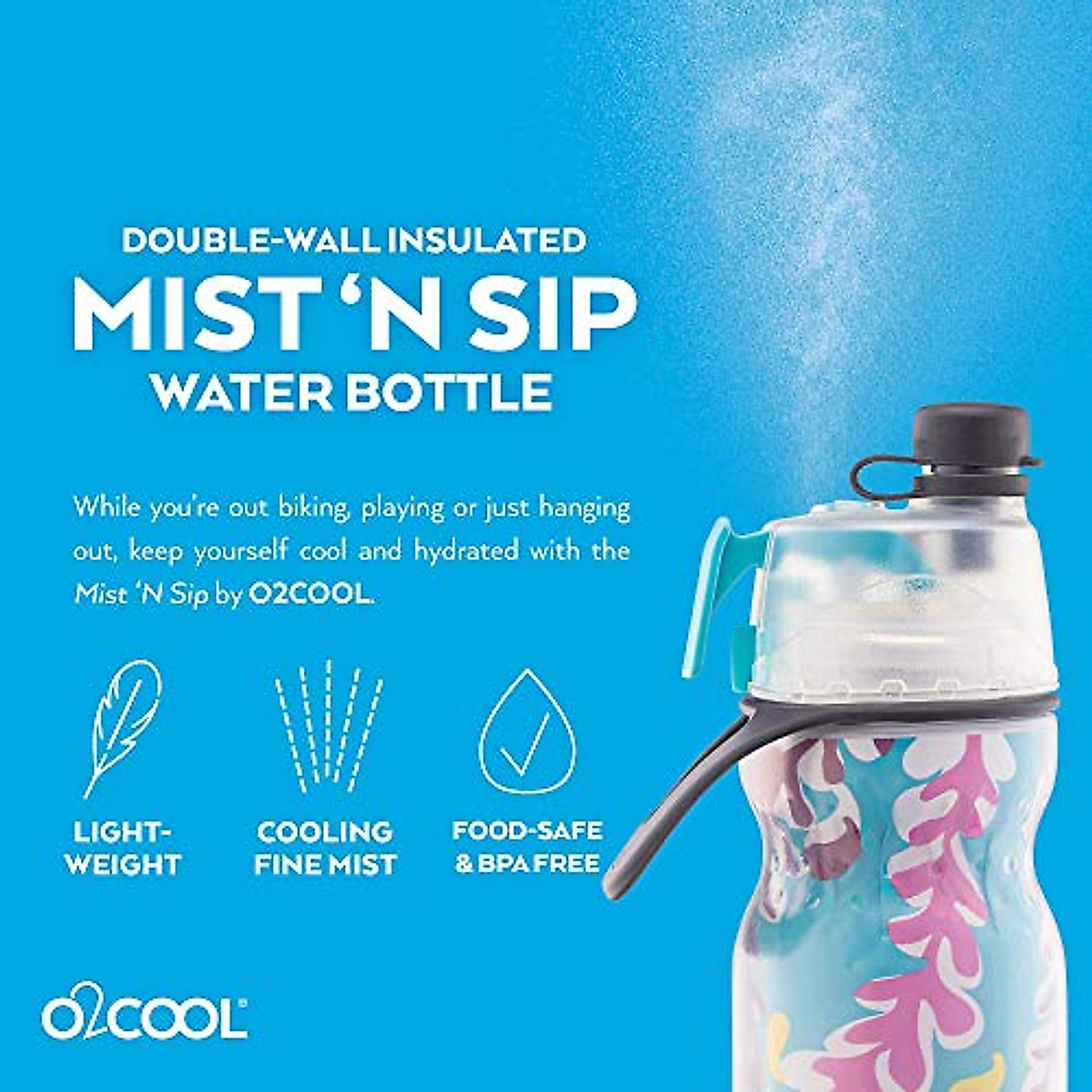 O2COOL Mist 'N Sip Misting Water Bottle 2-in-1 Mist And Sip Function With No Leak Pull Top Spout Sports Water Bottle Reusable Water Bottle - 20 oz (Tropical)