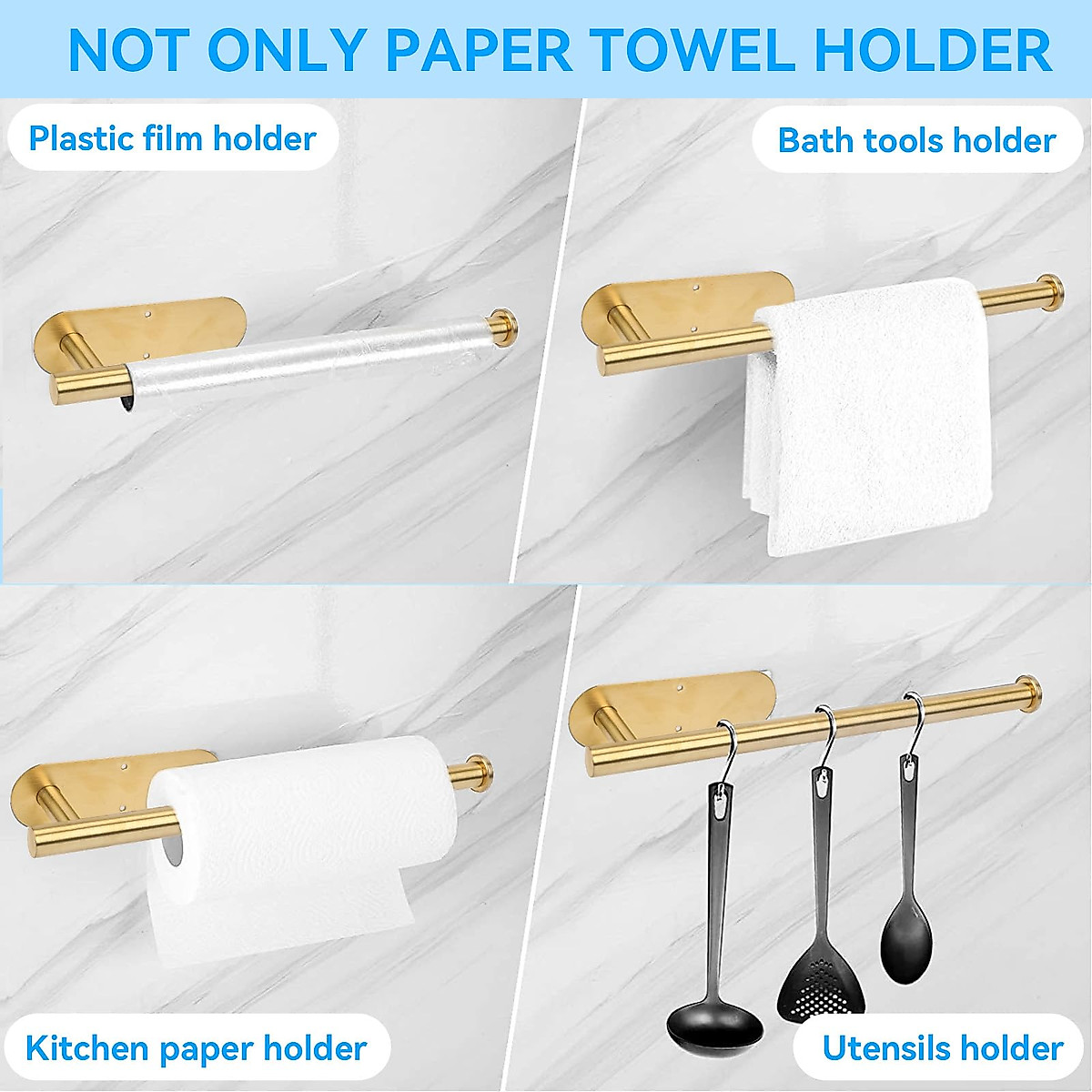 Gold Kitchen Paper Towels Holder Wall Mount Stainless Steel Paper Towel Holders Adhesive Under Cabinet Paper Towel Roll Rack for Kitchen, Bathroom