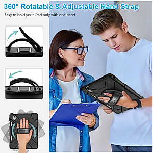 Case for iPad 10th Generation 2022: Military Grade Silicone Protective Cover for iPad 10th Gen 10.9 Inch W/Screen Protector- 360° Rotatable Stand- Shoulder Strap- Handle Pencil Holder Black