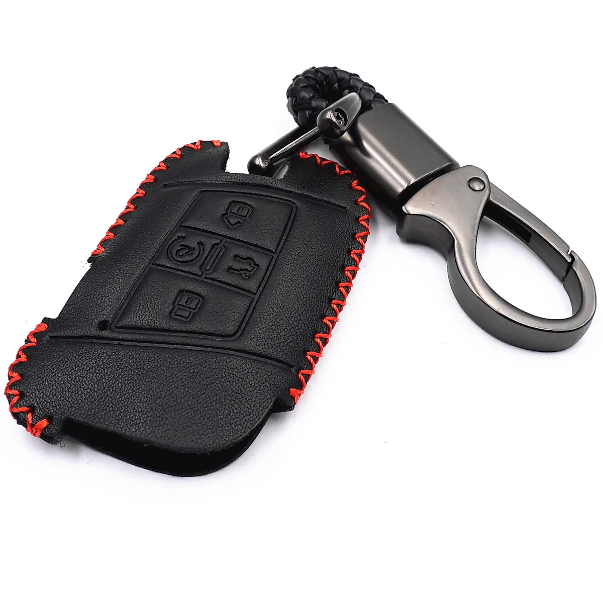 MJKEYAuto Black Leather 4 Buttons Smart Remote Key Fob Cover Chain Case for Volkswagen Tiguan Atlas Jetta Passat Golf Alltrack 2018 2019 2020 2021 2022