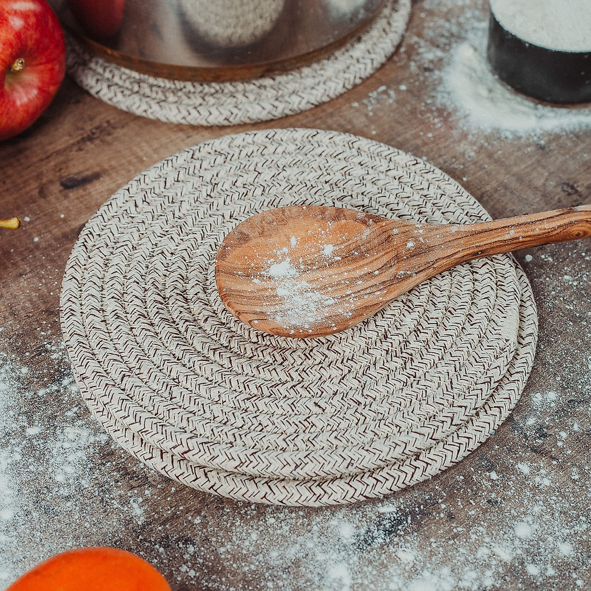 OrganiHaus Set of 3 Brown Farmhouse Hot Pads for Kitchen | 7" Cotton Pot Holders for Hot Plates to Protect Table | Hot Pads for Countertops | Trivets for Hot Dishes | Trivets for Hot Pots and Pans