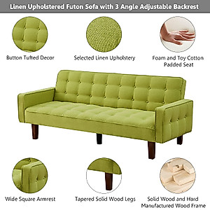 Setawix Linen Futon Sofa Couch Bed Button Tufted Convertible Sleeper Sofa Beds Reclining Armed 3 Seater Sofas Couches for Living Room Bedroom Apartment Small Spaces (Green)