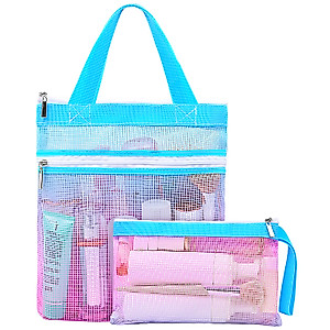 Fiodrimy Mesh Shower Caddy Bag, Portable Shower Bag with Zipper 2pcs Hanging Toiletry and Bath Organizer with Zipper for Travel, Swimming, Gym, Camping, College Dorms, Beach