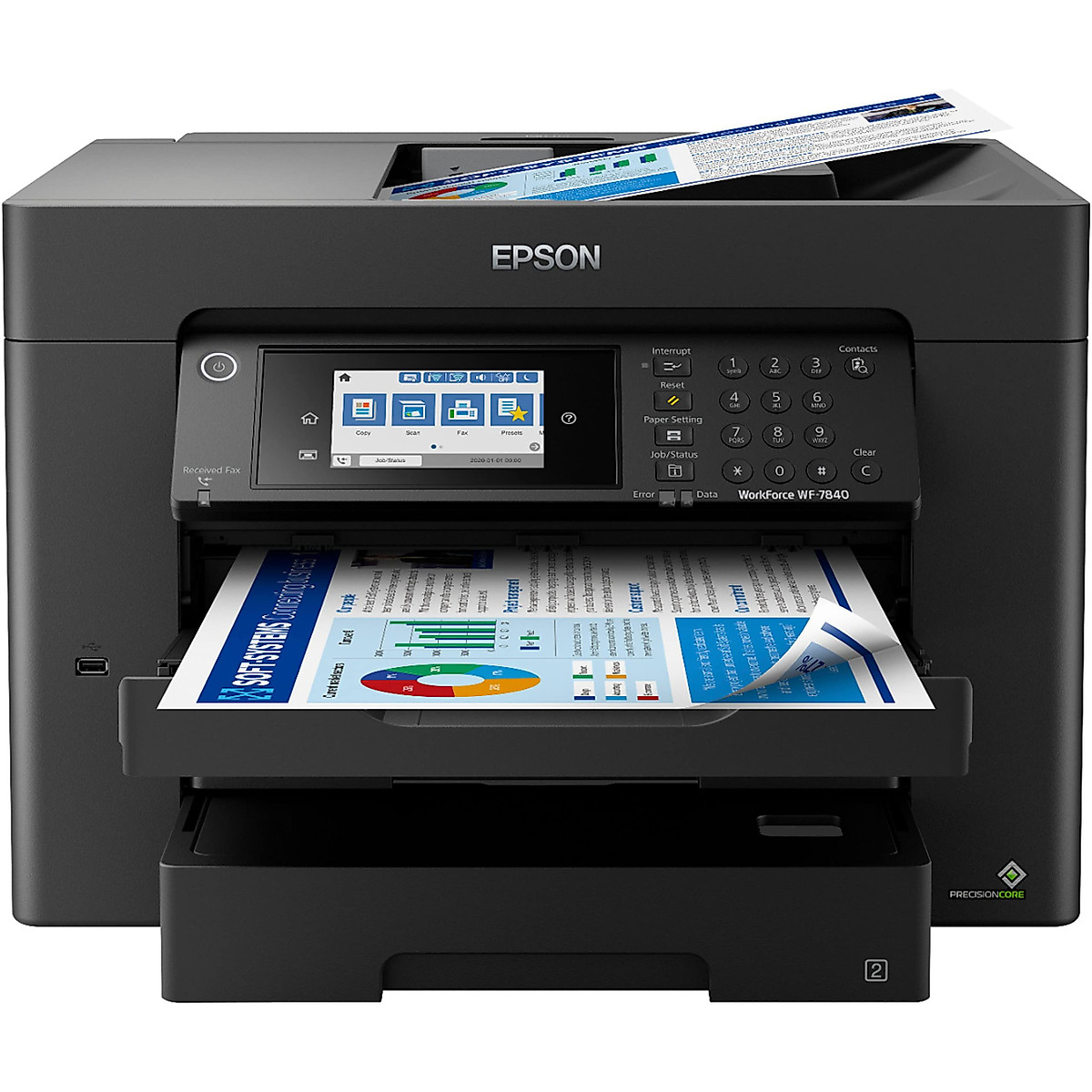 Epson Workforce Pro WF-7840 Wireless Wide-Format All-in-One Color Inkjet Printer, Black - Print Scan Copy Fax - 4.3" LCD, 25 ppm, 4800x2400 dpi, 13"x19", 50-Sheet ADF, Auto 2-Sided Printing, Ethernet