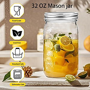 Ltzmcmy Mason Jars 32 oz,12 Pack Quart Mason Jars Wide Mouth With Lids,32oz Glass Canning Jars for Centerpieces,Food Storage,Meal Prep,Overnight Oats,Fermenting
