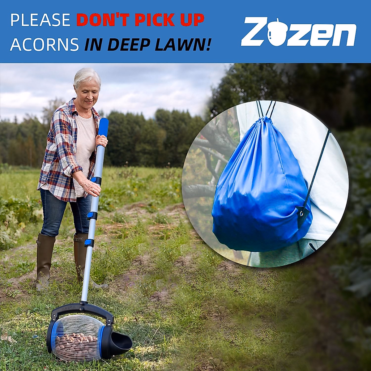 Zozen Acorn Picker Upper Roller, Acorn Dedicated Version | High Density Steelwire Gap - Directly Dump Outlet, Also Pick Nerf Balls, Pick Up Size 3/8'' to 1'' Small Diameter Objects, Capacity 1 Gallon