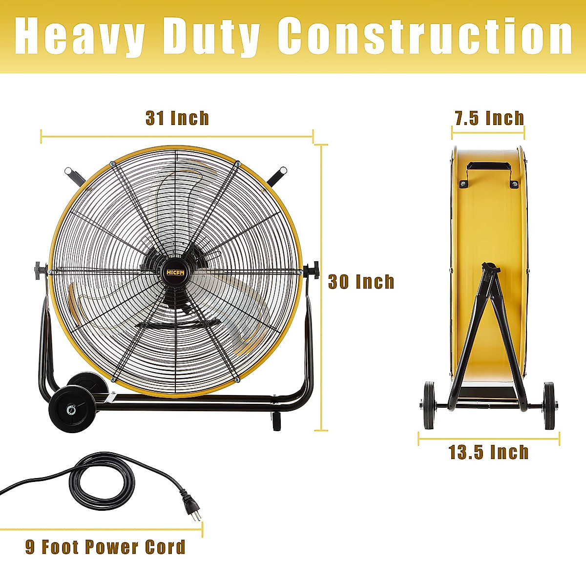 HiCFM 24" Industrial Drum Fan 8800 CFM High Velocity 3-Speed Heavy Duty Metal Air Circulator with Casters Handle for Basement Warehouse Factory workshops Patios