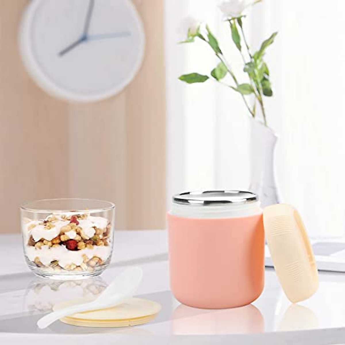 Gralara Lunch Pot Yogurt Container 2 Tier Spoon Portable Detachable Stainless Steel for Milk Salad Soup Yogurt Adults, Pink
