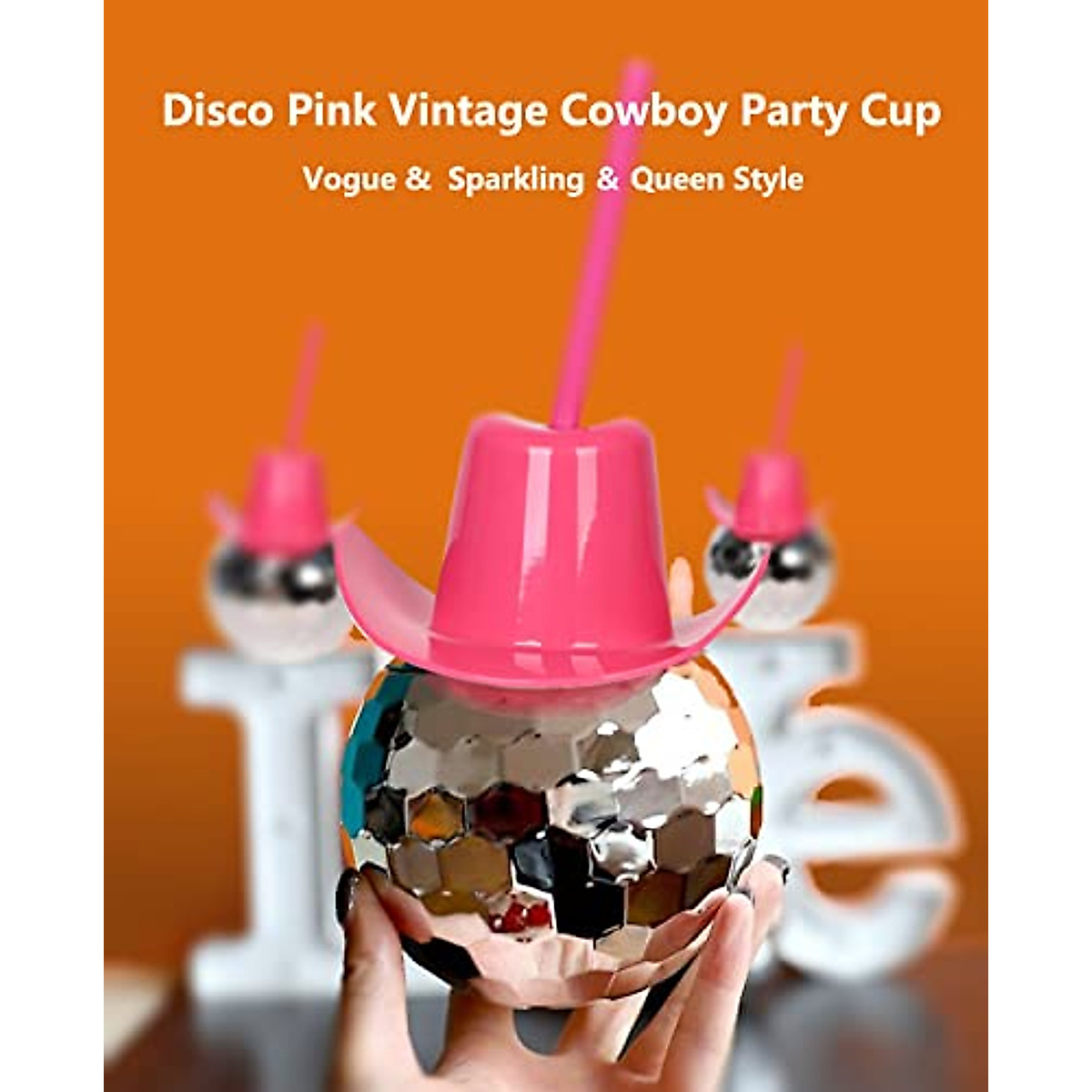 2 Pcs,Disco Ball Cups,Fashionable Pink Disco Ball Cowboy Hat,Disco Ball Cup with straw for Christmas Day,Halloween,Achelorette Party,New Year’s Eve,Birthday Party,Reusable And Removable