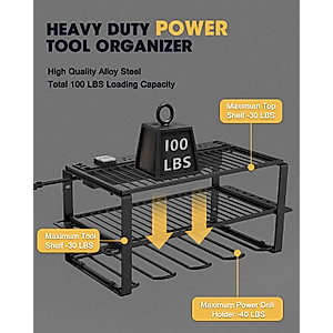Wall Mount Power Tool Organizer and Charging Station - 6 AC Outlets, 3 Layers for Drills, Great as Heavy Duty Garage Tool Rack