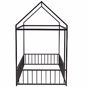 YOPTO Twin Size Metal House Shaped Floor Bed with Full Length Fence,Playhouse Bed Frame W/Pitched Roof Design,Easy Assembly,for Kids,Boys and Girls