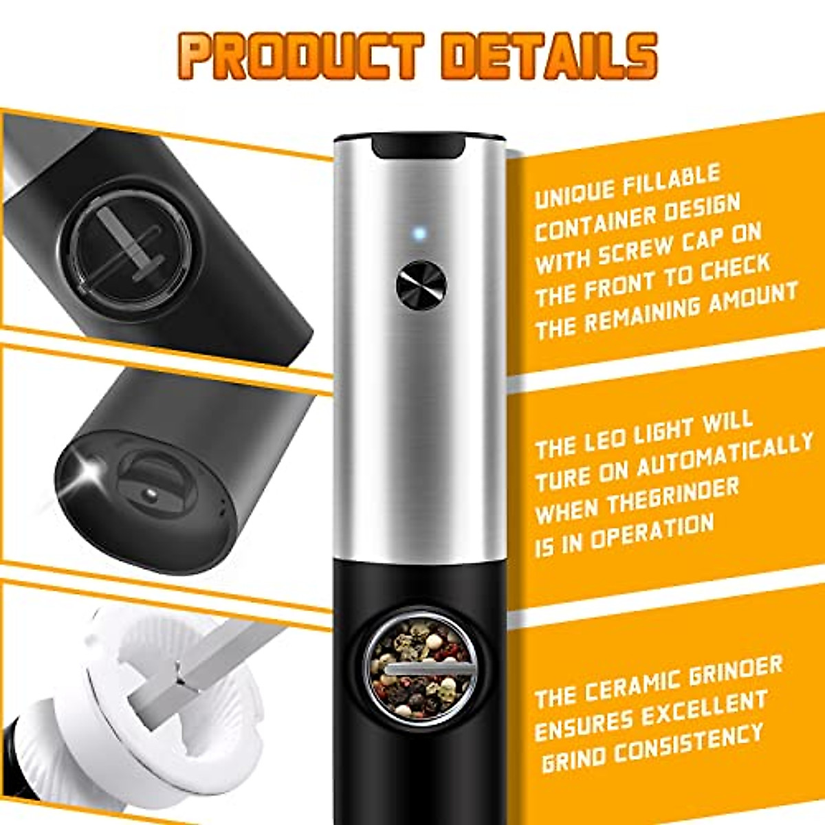 Salt and Pepper Grinder Set, Rechargeable Pepper Grinder Automatic Pepper Grinder Adjustable Coarseness with Charging Base LED Light, 2 Pack