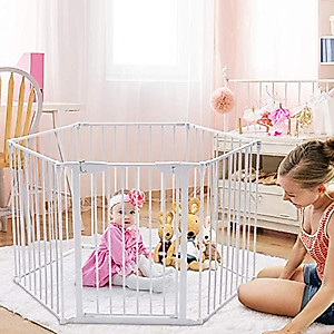 Costzon Baby Safety Gate, 6-Panel Fireplace Fence, Foldable Pet Gates for Easy with Add/Decrease Panels, Portable Wide Barrier Gate with Multiple Shapes for Child & Pet