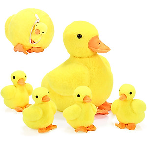 Zomiboo 5 Pieces Duck Stuffed Animals Includes Big Stuff Mommy Duck with 4 Little Baby Duck Plush Toys Soft Duck Family Plush Set with Zipper Pouch for Toddlers Boys Girls (Yellow Duck)