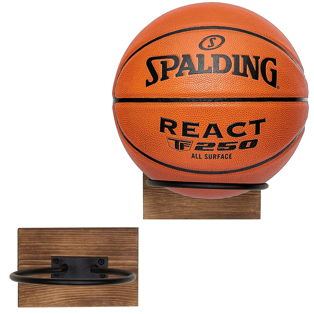 MyGift Wall-Mounted Sport Ball Rack Display Holder - Solid Brown Wood and Metal Hanging Gym Basketball Football Volleyball Soccer Ball Equipment Storage, Set of 2