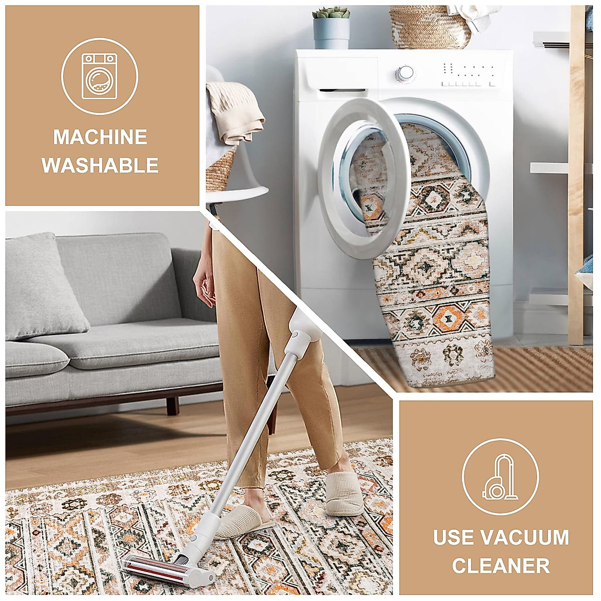 Wonnitar Boho Washable 3x5 Area Rug, Non-Slip Moroccan Entry Rug Distressed Throw Rug for Bedroom, Non-Shedding Western Aztec Low Pile Floor Carpet for Kitchen Bathroom Entrance (Khaki/Multi,3'x5')