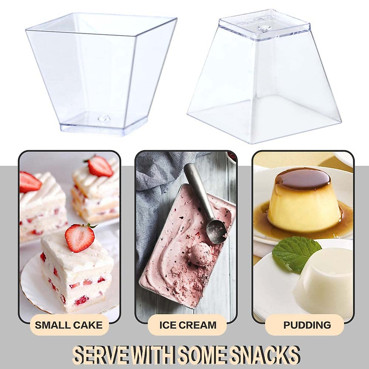 Oomcu 100 Pack 2 oz Small Square Clear Plastic Dessert Tumbler Cups Mini Disposable Serving Bowls for Desserts Appetizers Puddings Ice Cream Yogurt Chocolate Candies Mousse (2" x 1.2" x 1.8")