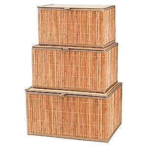 SOUJOY Set of 3 Bamboo Decorative Storage Basket with Lids, Rectangle Storage Bins, Handwoven Wicker Lidded Basket with Cloth Liner for Desk Bedroom Shelf Organizer