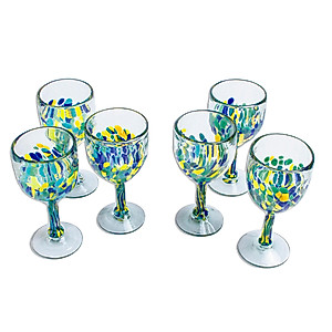 NOVICA Handmade Recycled Glass Wine Glasses Colorful from Mexico Multicolor Tableware Drinkware Handblown Eco Friendly [ 7in H x 3.6in Diam. 12 Oz.] 'Tropical Confetti'(Set of 6)