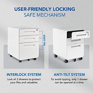 FLEXISPOT Metal File Cabinet for Under Desk Storage Mobile 3 Drawer File Cabinet Round Corner Design Filing Cabinets for Home Office,White