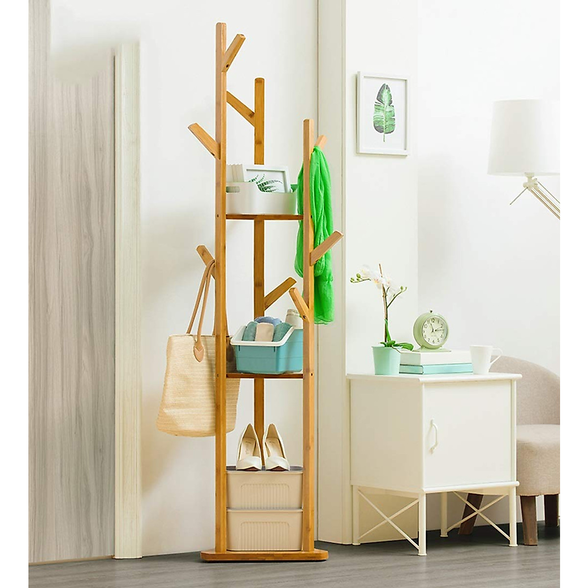 LUYIYI Solid Wood Simple Floor Simple Modern Clothes Rack Finishing Rack Living Room Storage Rack