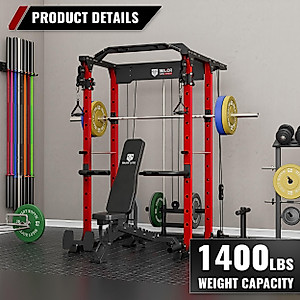 Major Fitness Power Cage, PLM03 All-in-One 1400lbs Multi-Function Power Rack with Adjustable Cable Crossover System and Exercise Machine Attachment(Red)